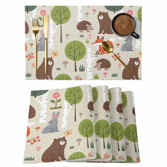 Cartoon Animals Cotton Linen Placemats Set of 8, Cute Cartoon Bear Fox ...