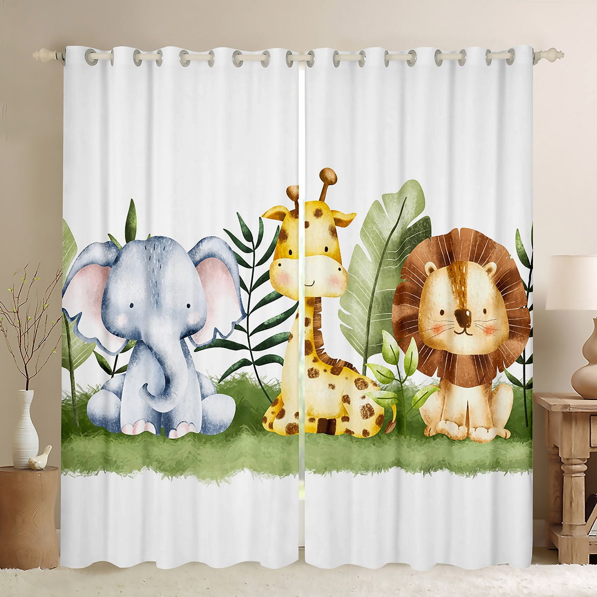Cartoon Animals Curtains & Drapes 52"Wx63"L Cute Giraffe Lion Elephant ...
