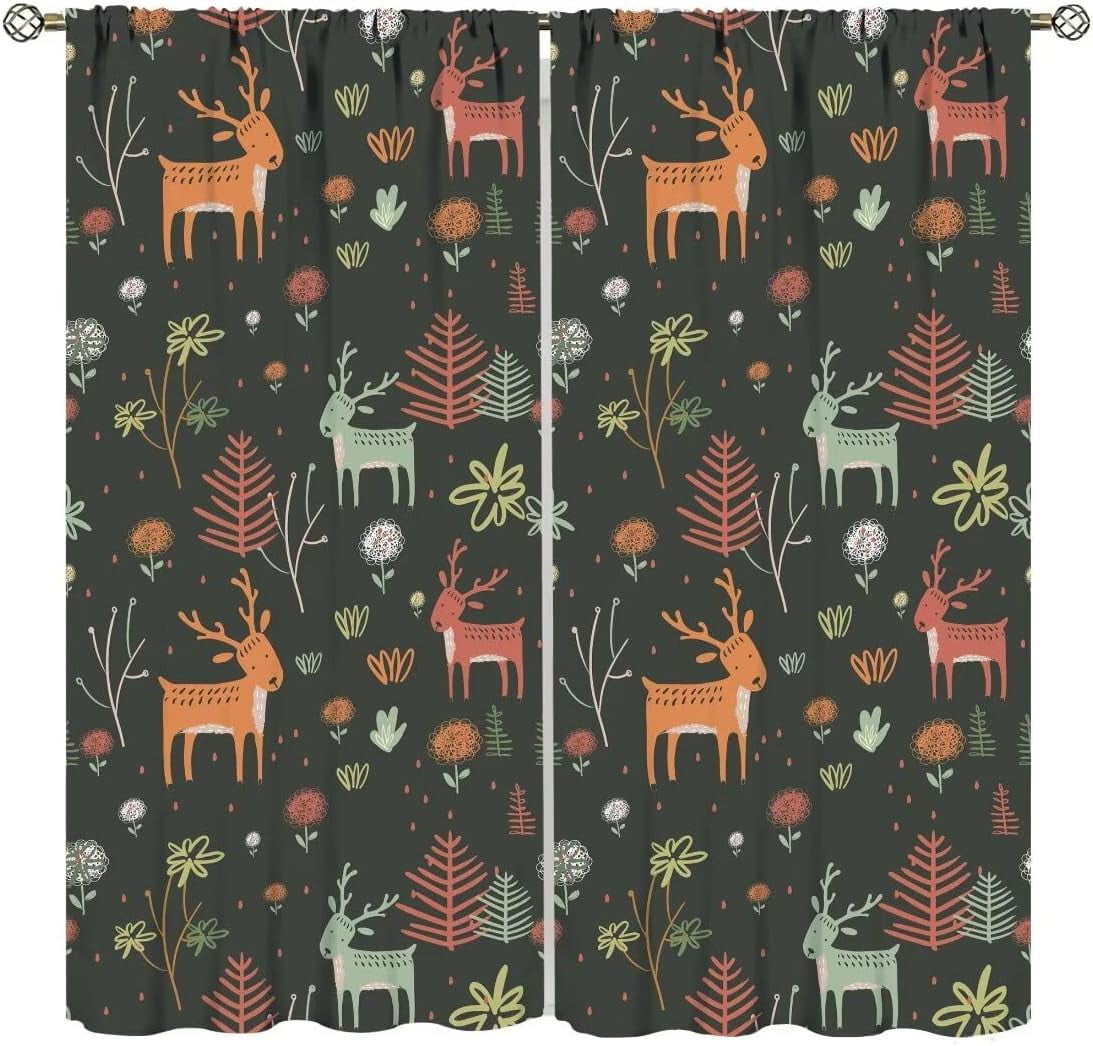 Cartoon Animals Curtains,Each Panel W26 x 84"" L,Cute Deer Window ...