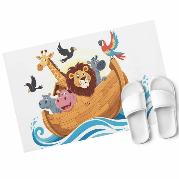 Cartoon Animals Door Mat Lion RescueBoat in Ocean Non Slip Absorbent ...