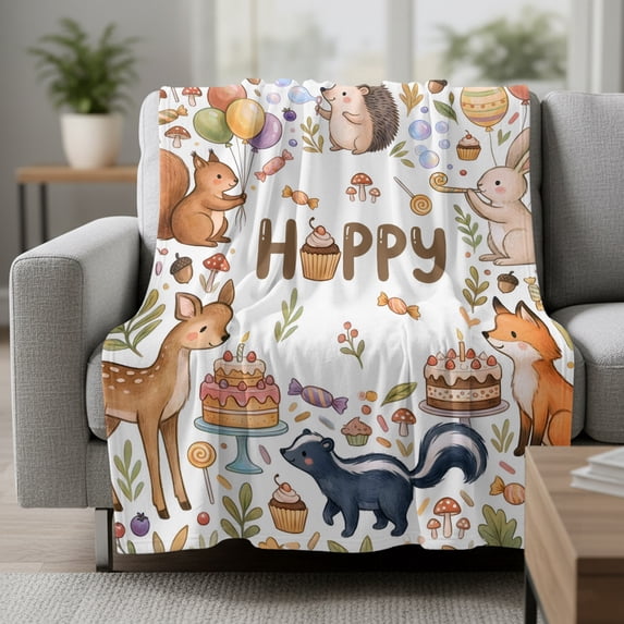 Cartoon Animals Fleece Throw Blanket Happy Cakes Deer Squirrels ...