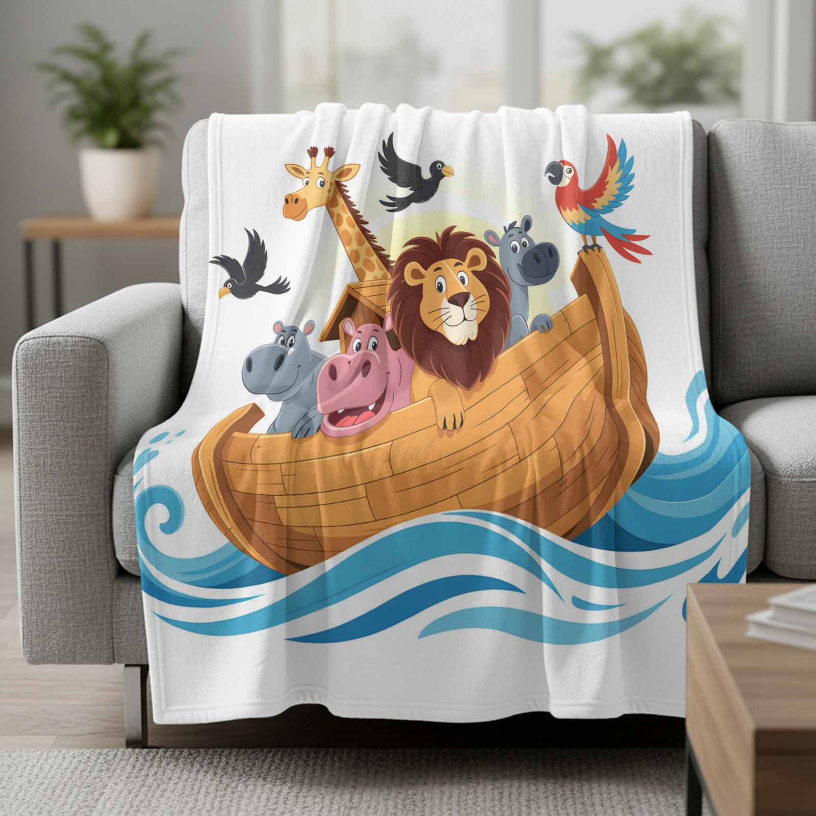 Cartoon Animals Fleece Throw Blanket Lion RescueBoat in Ocean Ultra ...