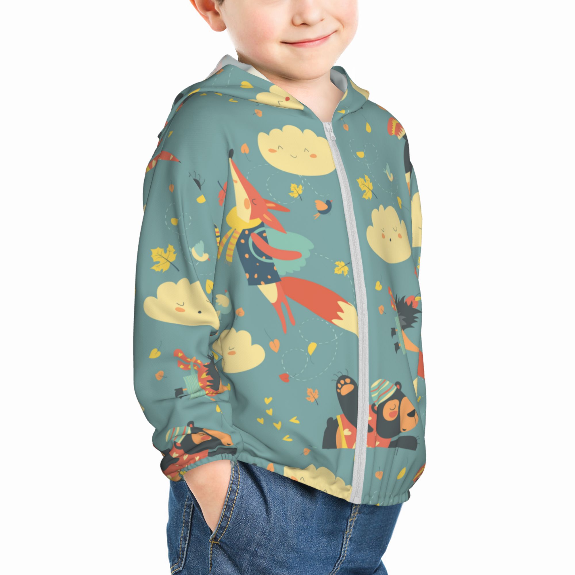 Cartoon Animals Fox And Bear Kids Zip-Up Hoodie Girls Boys Sun Protection Jacket Hooded Cooling ...
