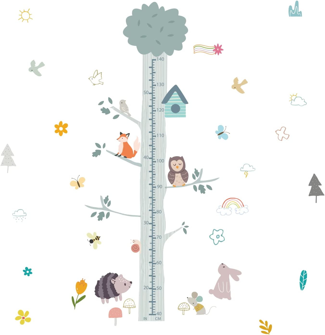 Cartoon Animals Height Growth Chart Wall Sticker Big Tree Animal Owl ...
