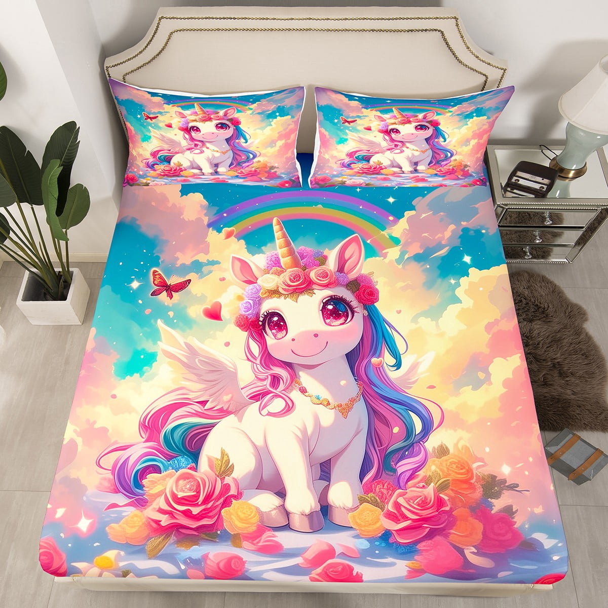 Cartoon Animals Horse Fitted Sheet,Full Size Watercolor Flower ...