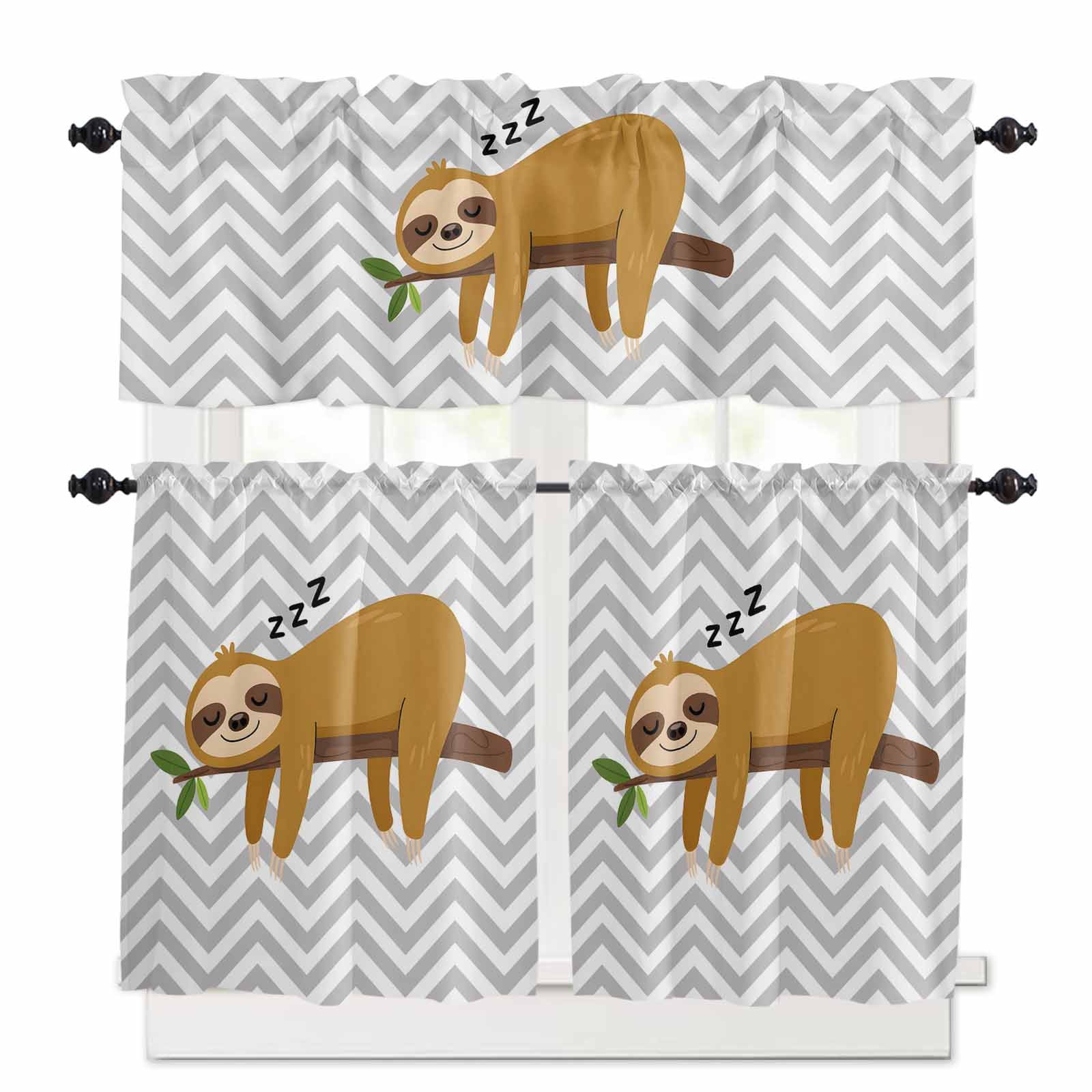 Cartoon Animals Kitchen Curtains Valances and Tiers Brown Sleeping Lazy ...