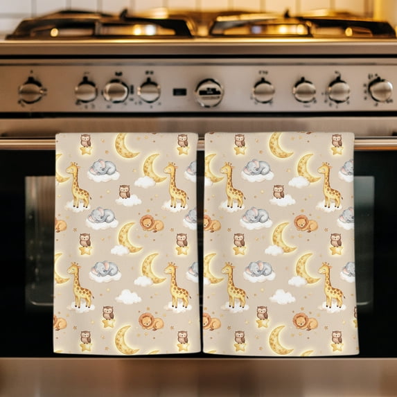 Cartoon Animals Kitchen Towels Set of 2, Cute Giraffe Elephant Lions ...
