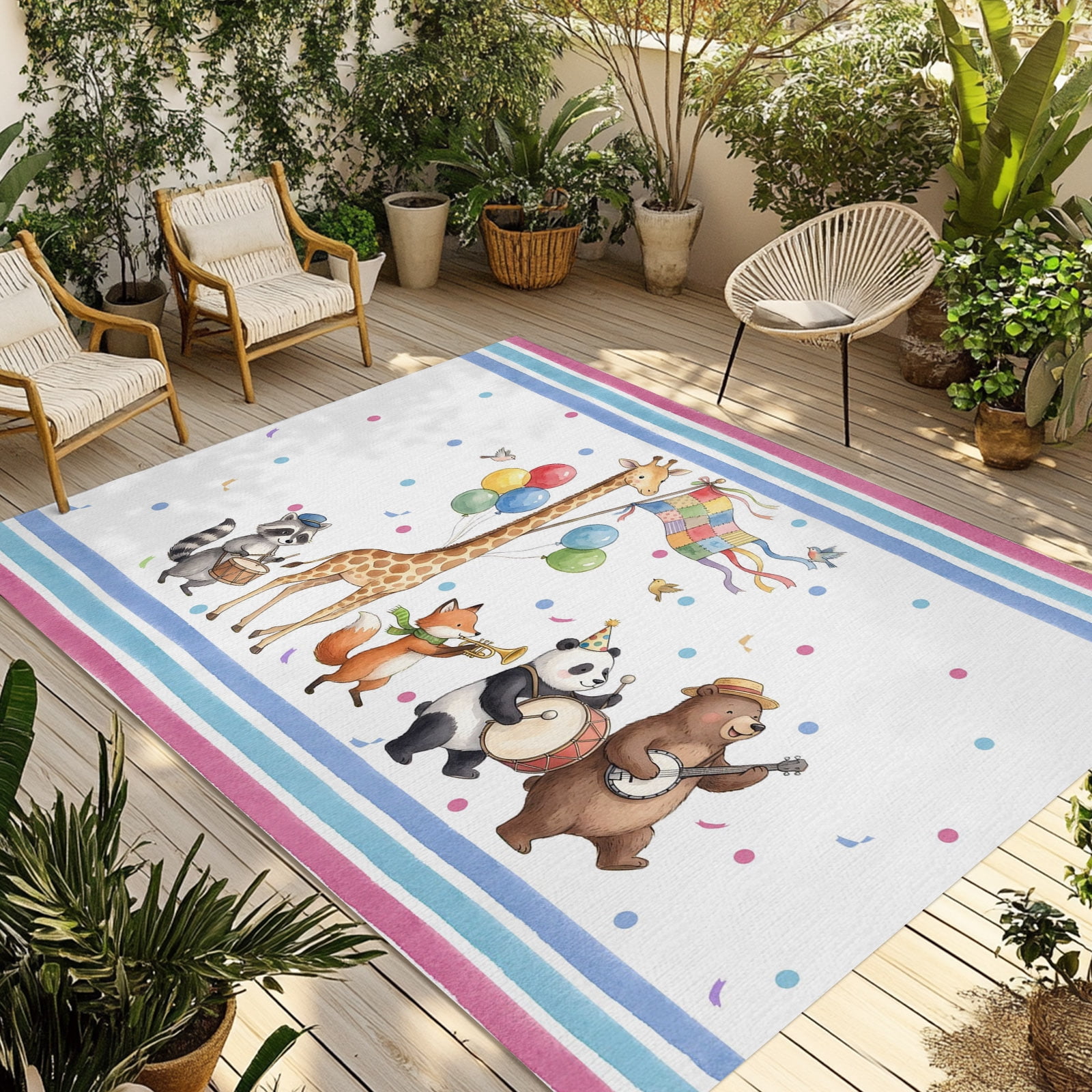 Cartoon Animals Outdoor Rug, Giraffes Pandas Raccoons Bear Pink Blue ...