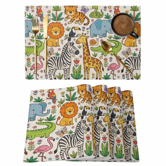 Cartoon Animals Placemats Set of 8 Cute Funny Botanical Zebra Giraffe ...