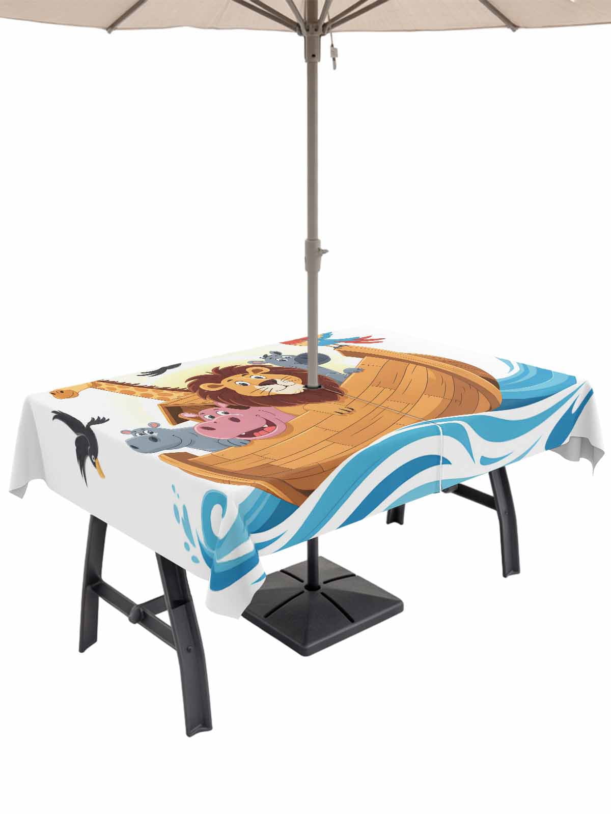 Cartoon Animals Rectangle Outdoor Tablecloth with Umbrella Hole Lion ...