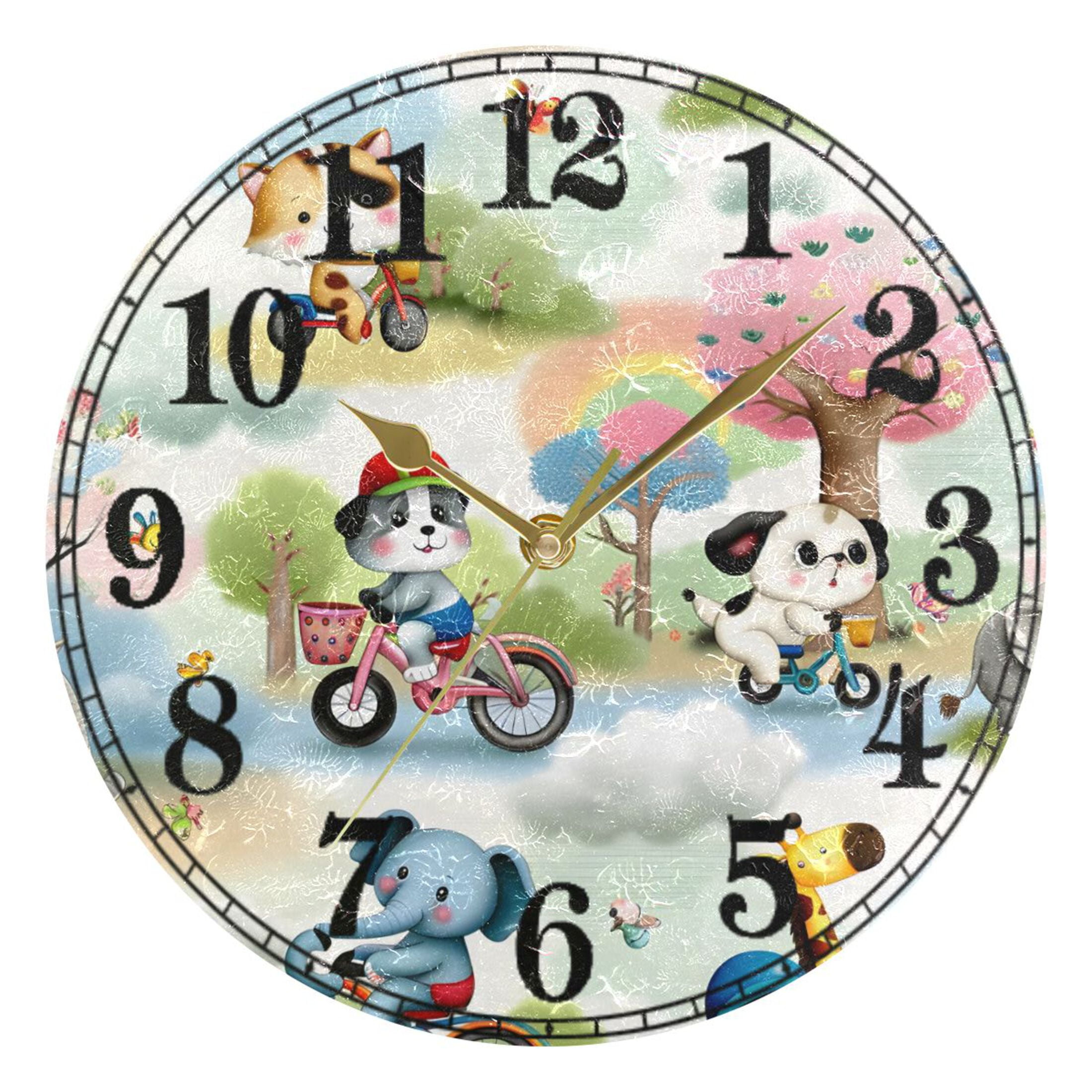 Cartoon Animals Riding Bicycle Silent Wall Clock 10" Non-Ticking ...