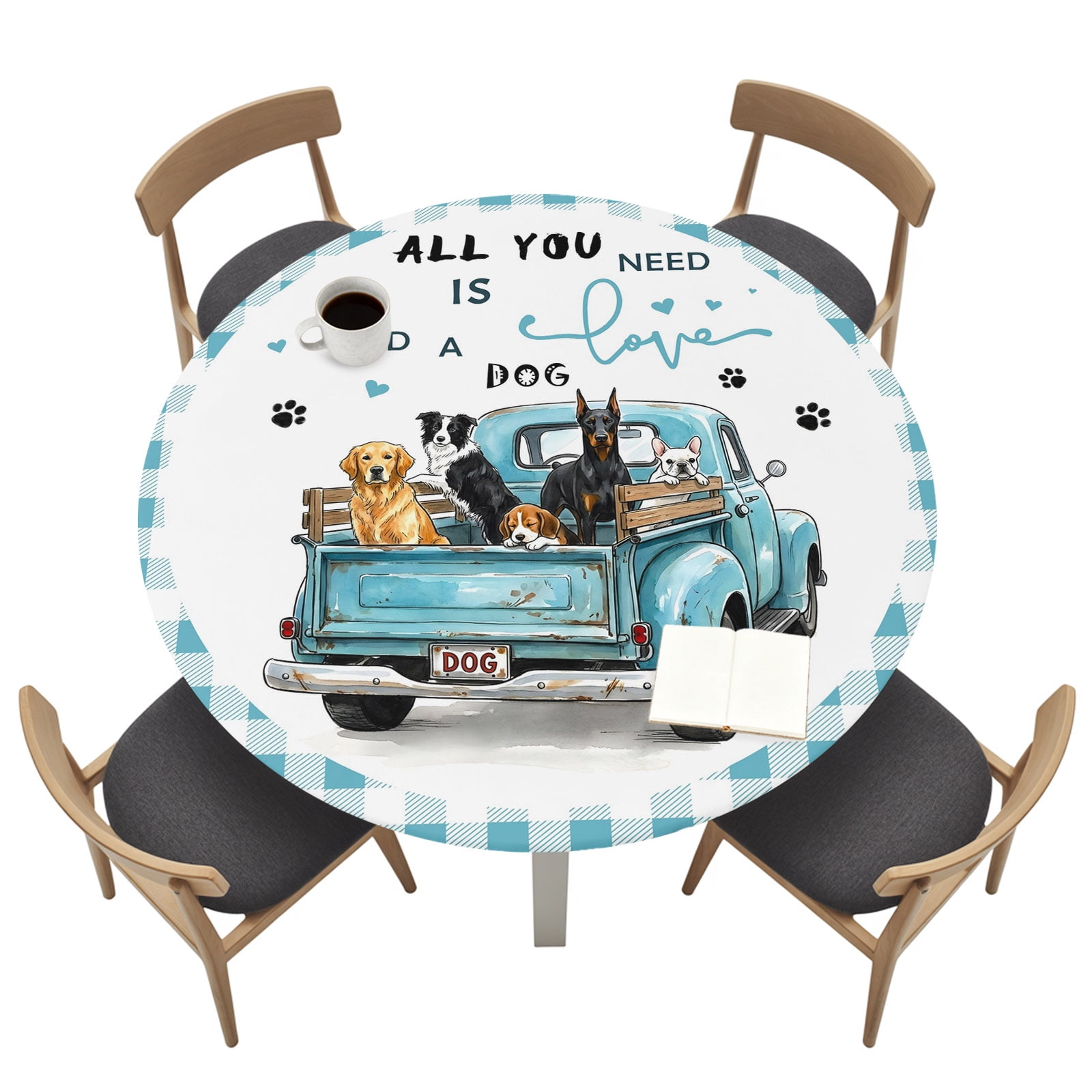 Cartoon Animals Round Fitted Tablecloth with Elastic Edged, Cute Dogs ...