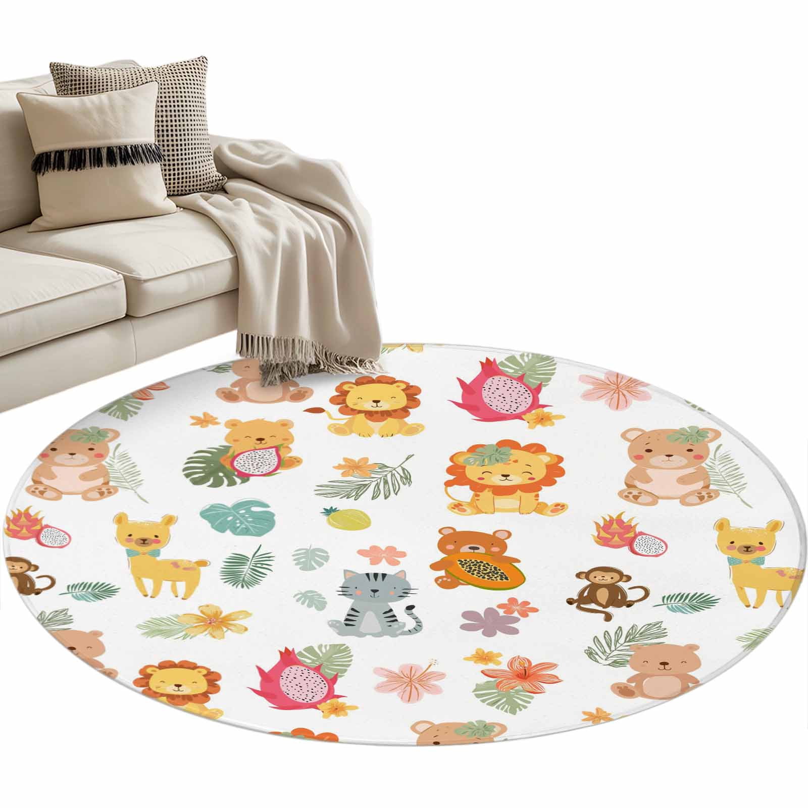 Cartoon Animals Round Rug 4ft Washable Circle Entryway Rugs Non Slip ...