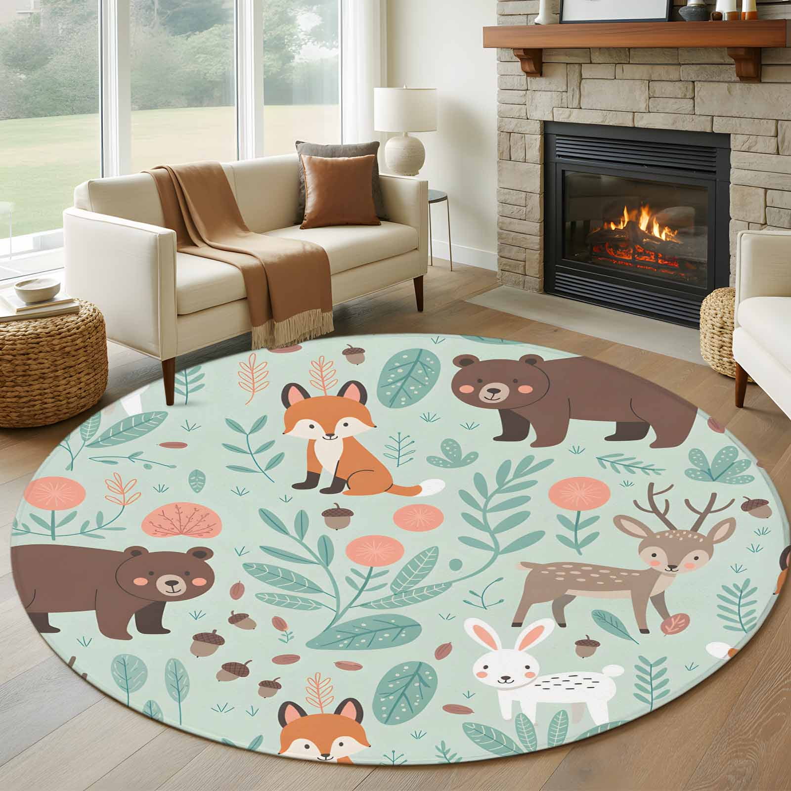 Cartoon Animals Round Rug 6ft Washable Circle Kitchen Rugs Non Slip ...