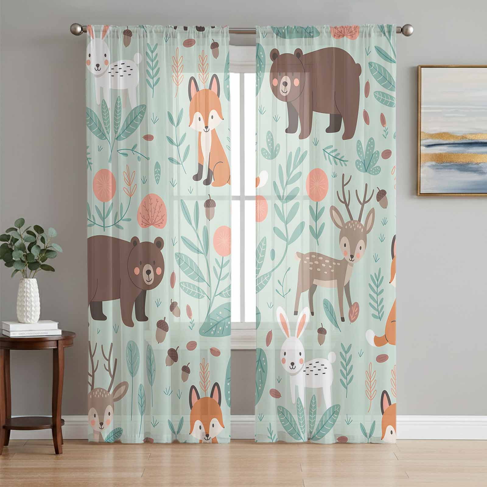 Cartoon Animals Sheer Curtains 63 Inch Length 2 Panels Set, Bunny Foxes ...