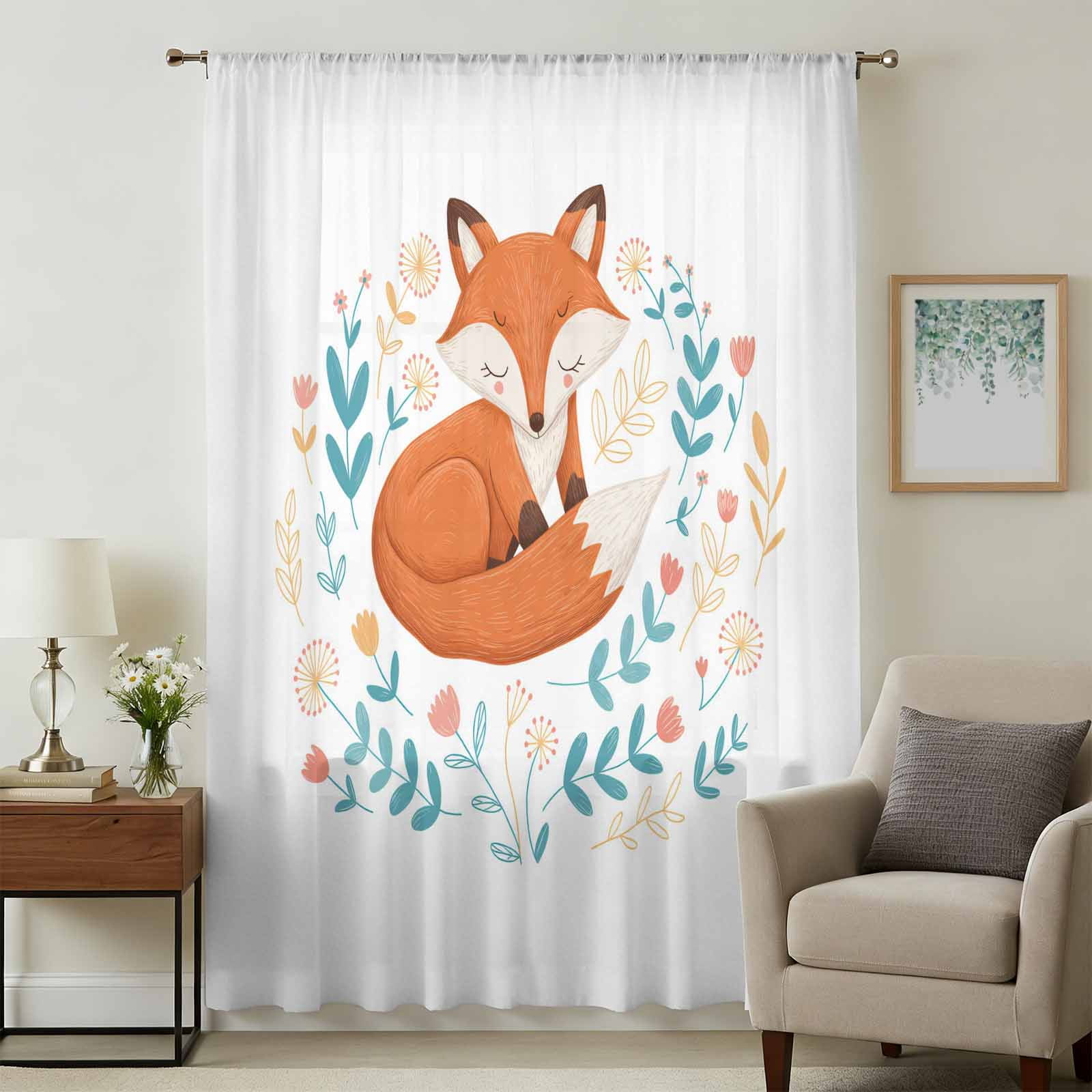 Cartoon Animals Sheer Curtains 63 Inches Long, Watercolor Flower Leaf ...