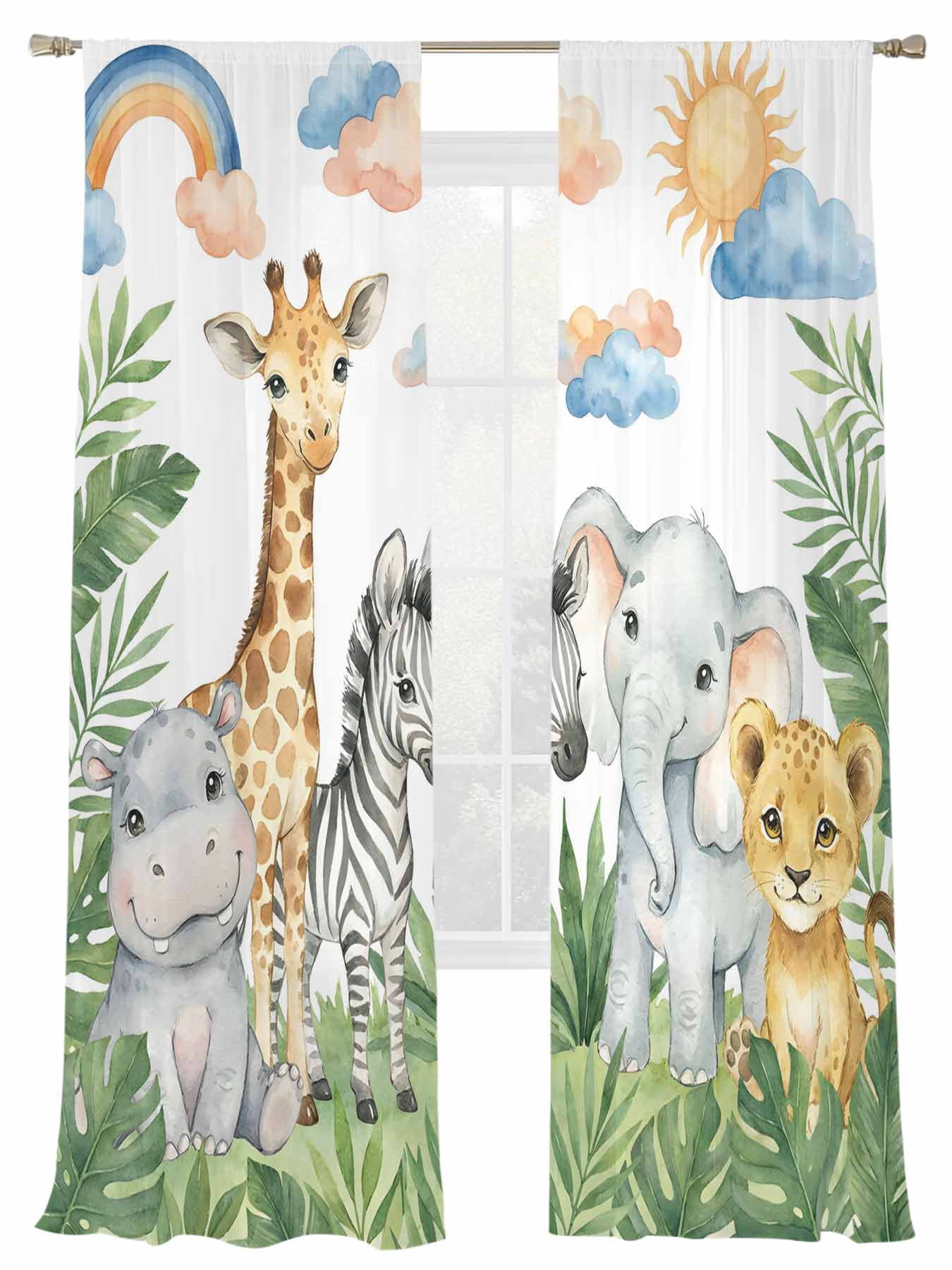 Cartoon Animals Sheer Curtains 84 inches Long 2 Panels Set Giraffe ...
