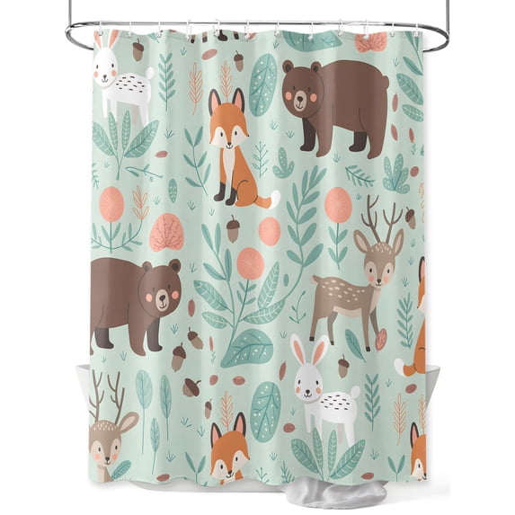 Cartoon Animals Shower Curtain 36"W x 78"L Forests Bear Foxes Green ...