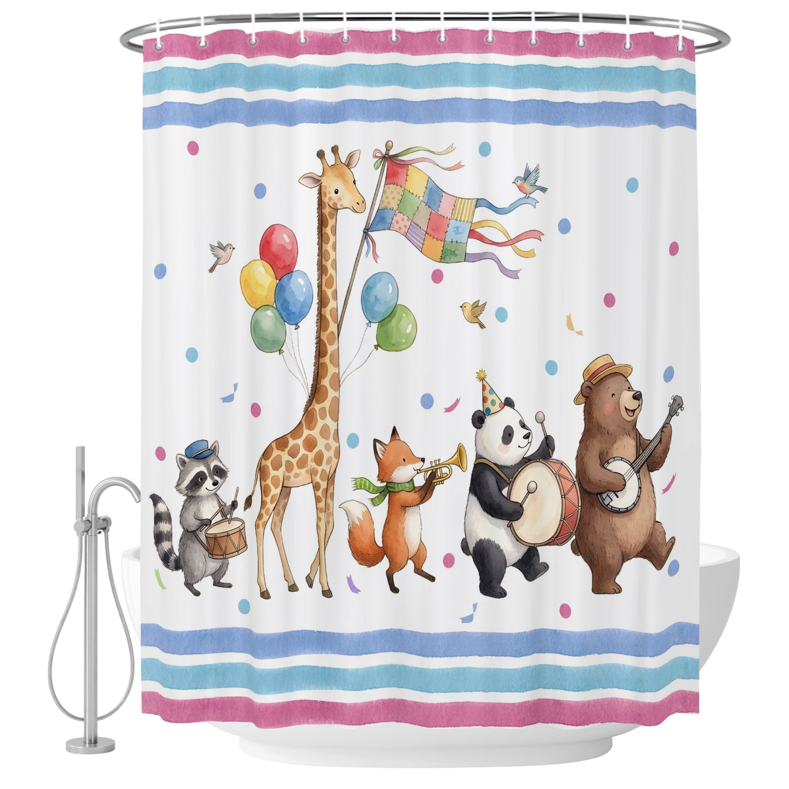 Cartoon Animals Shower Curtain for Bathroom, Giraffes Pandas Raccoons ...