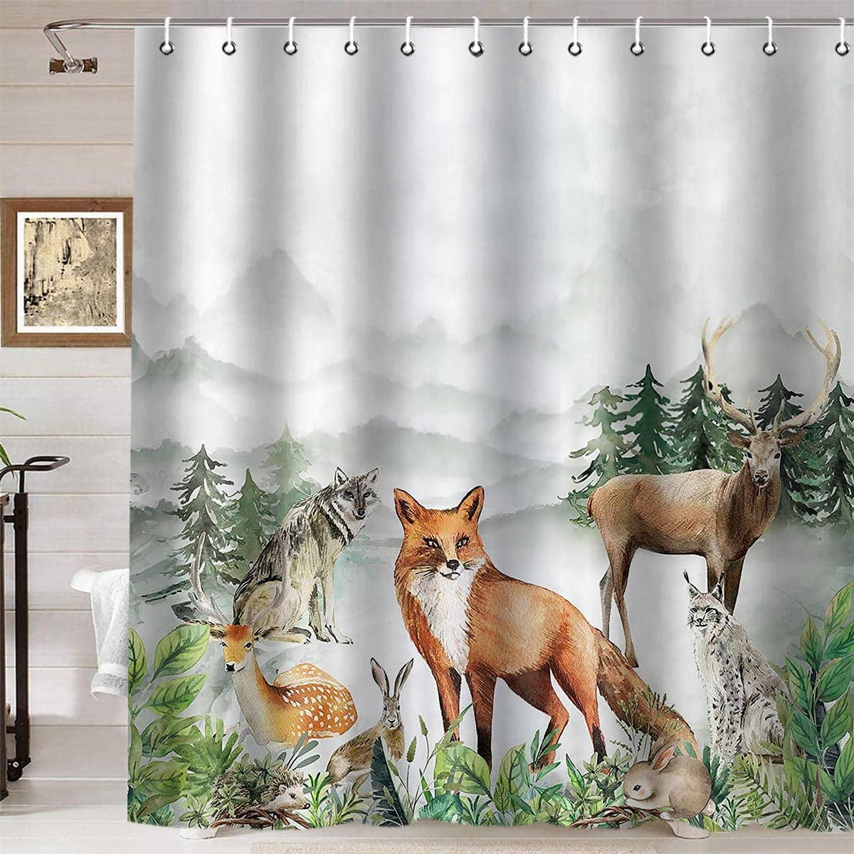 Cartoon Animals Shower Curtain, Mountain Pine Tree Woodland Wolf Fox ...