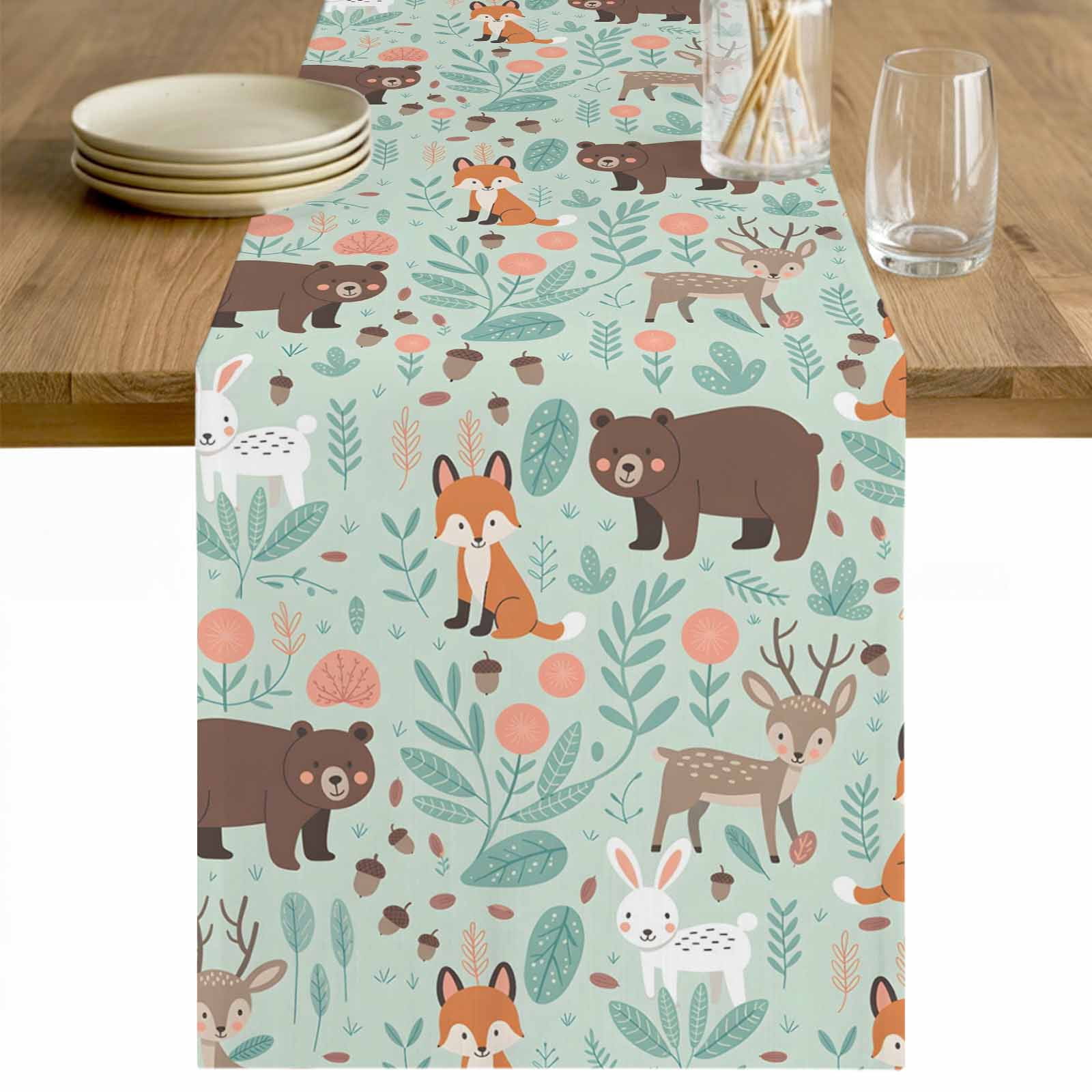 Cartoon Animals Table Runner - 120 Inch Long Bunny Foxes Elk Abstract ...