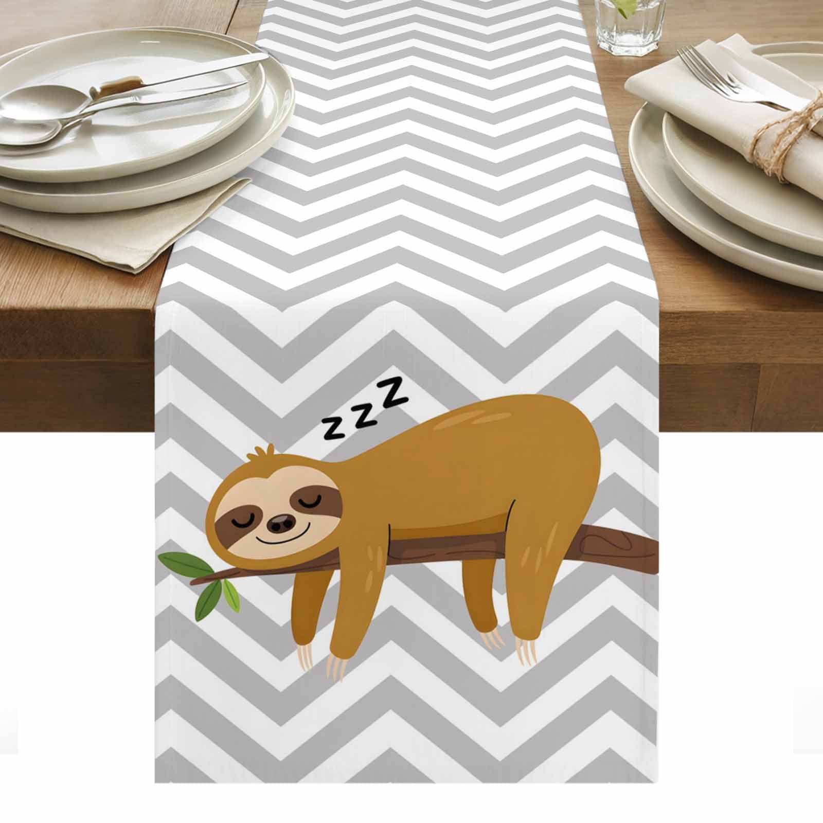 Cartoon Animals Table Runner 13 x 36 Inch, Brown Sleeping Lazy Sloths ...