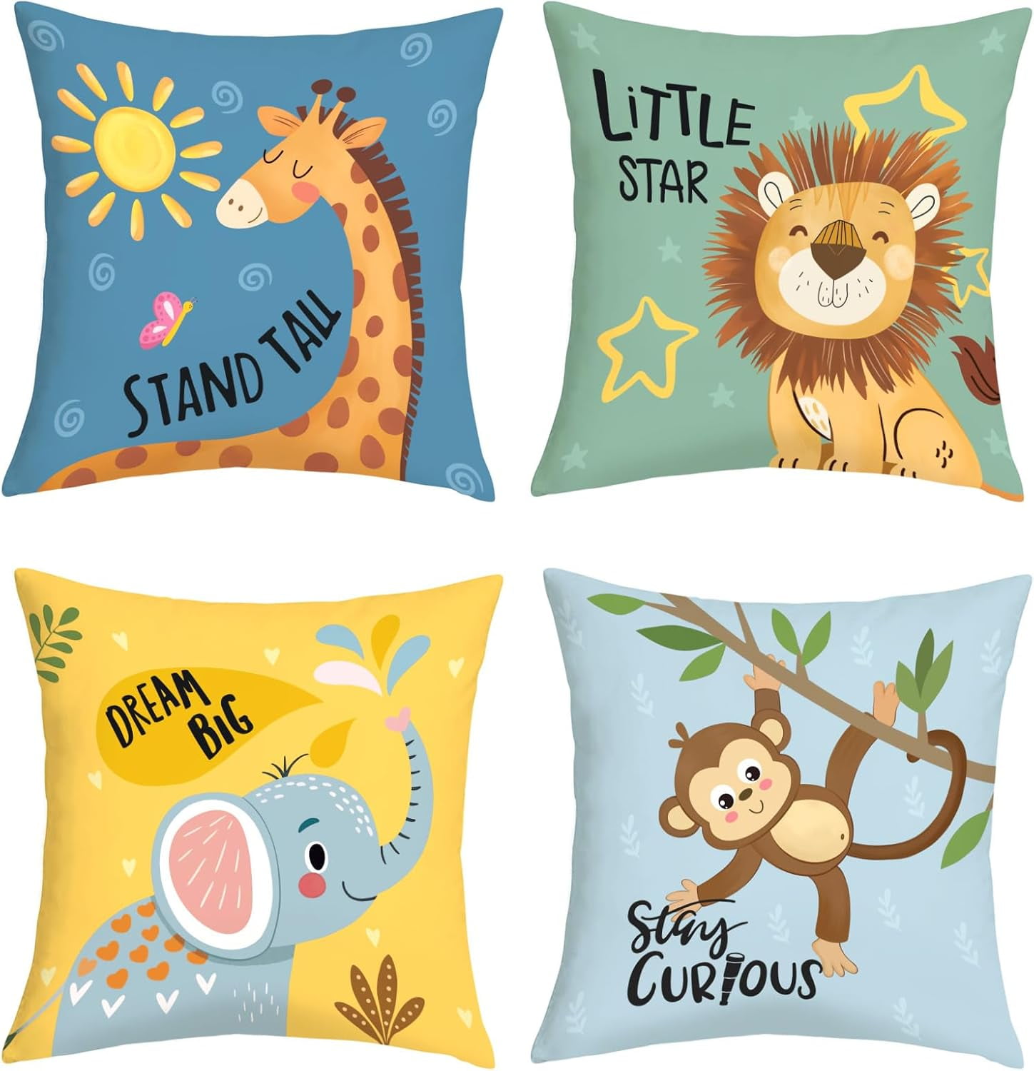 Cartoon Animals Throw Pillow Covers 16x16 Inch Set of 4 Baby Elephant ...