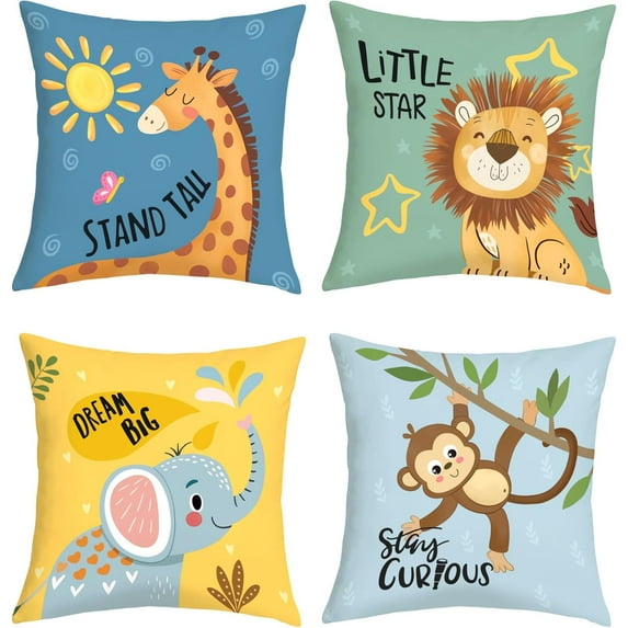 Cartoon Animals Throw Pillow Covers 16x16 Inch Set of 4 Baby Elephant ...