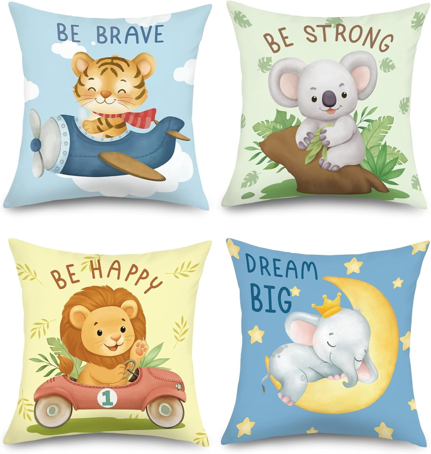 Cartoon Animals Throw Pillow Covers 18x18 Inch Set of 4 Baby Tiger ...