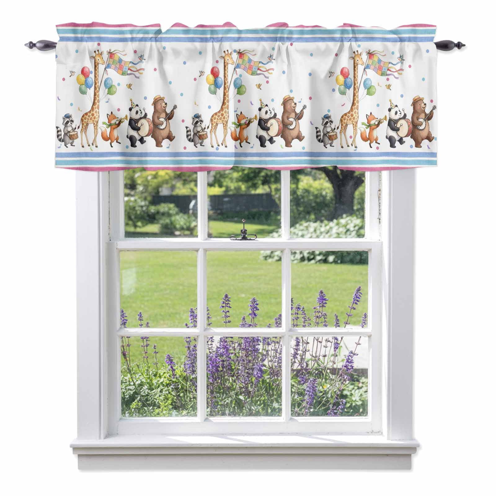 Cartoon Animals Valances for Windows Giraffes Pandas Raccoons Bear Pink ...