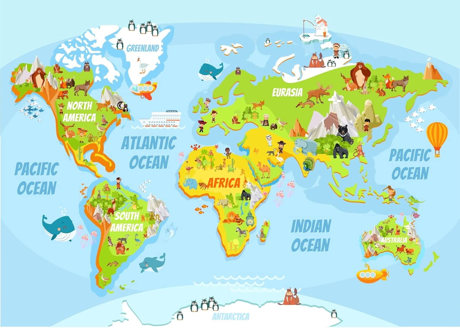 Cartoon Animals World Map Backdrop Kids Map Backdrop for Baby Shower ...