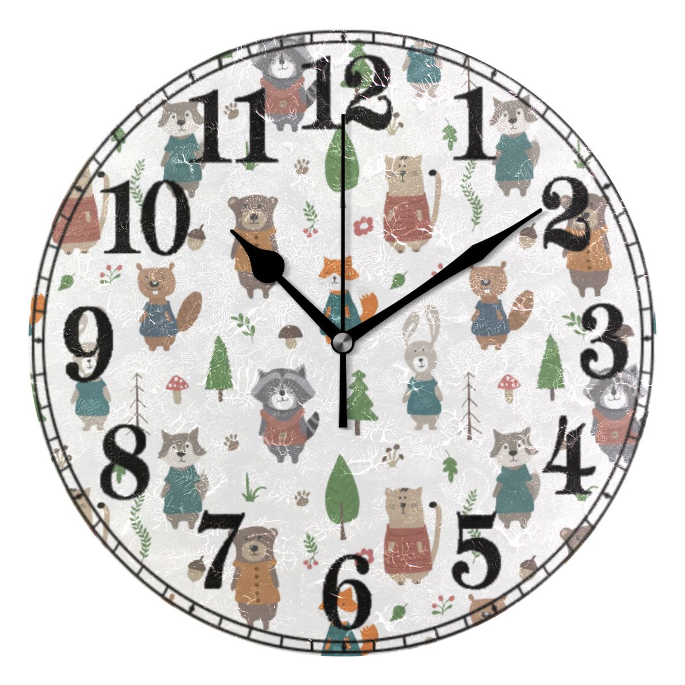 Cartoon Animals in Forest 10" Silent Wall Clock Non-Ticking Battery ...