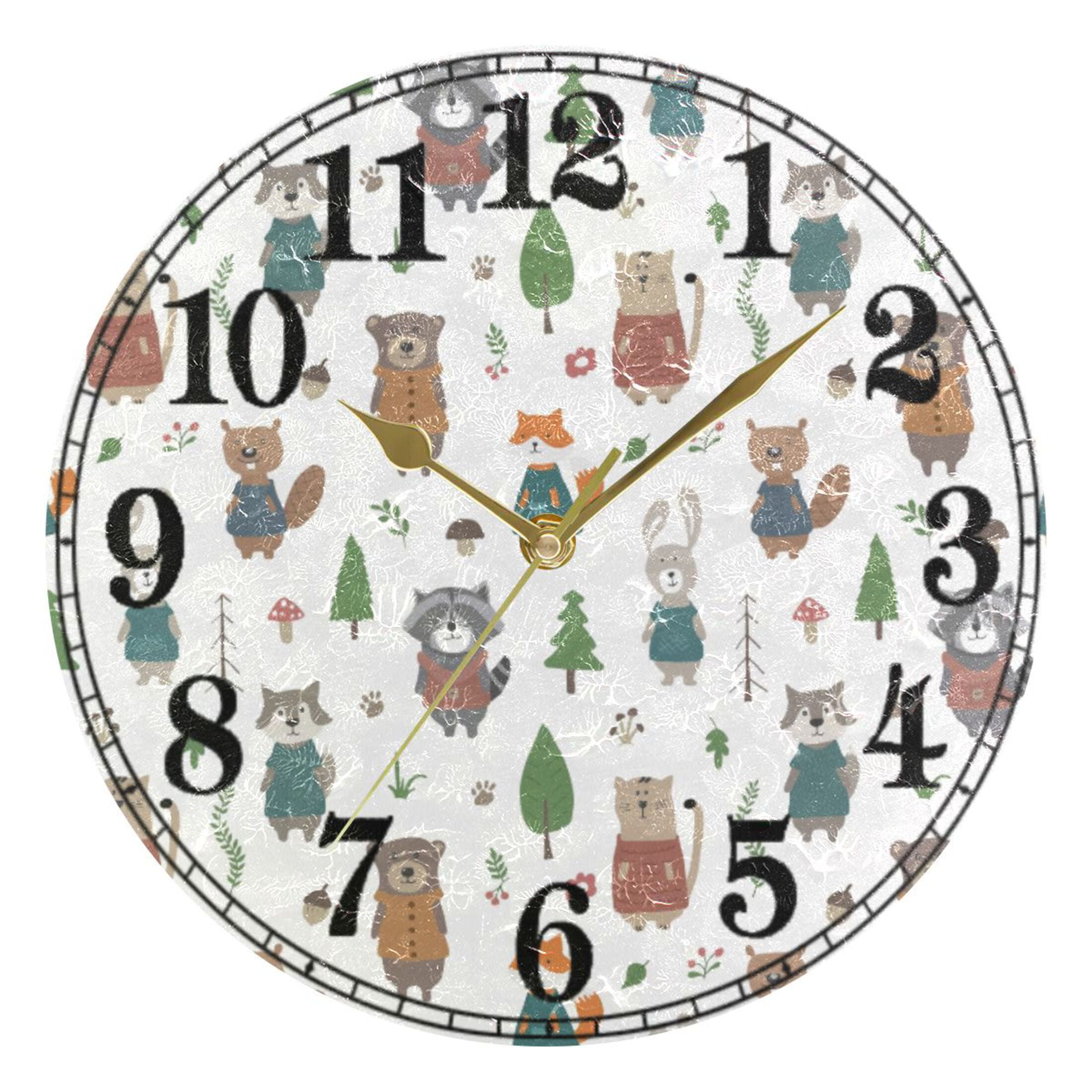Cartoon Animals in Forest Silent Wall Clock 10" Non-Ticking Battery ...