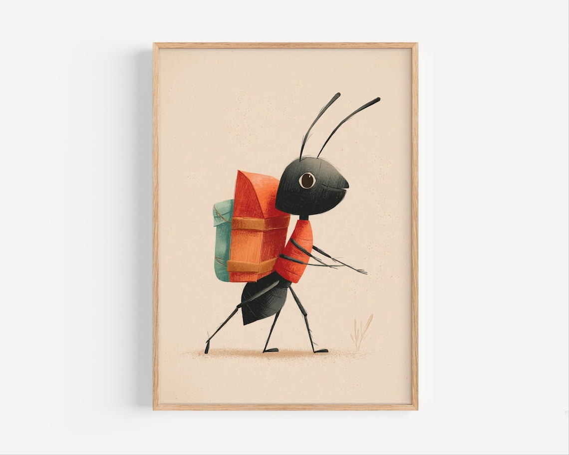 Cartoon Ant With Backpack Poster, Nursery Wall Art, Unframed Canvas ...