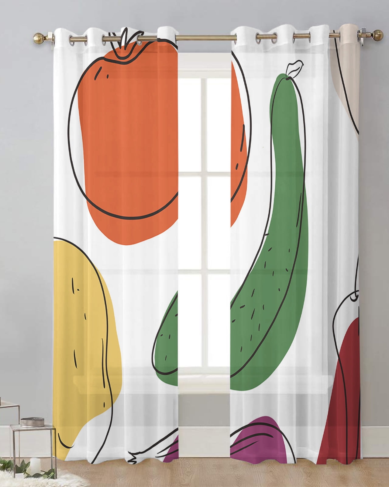 Cartoon Art Color Block Fruit Tulle Curtain Living Room Printed Sheer ...