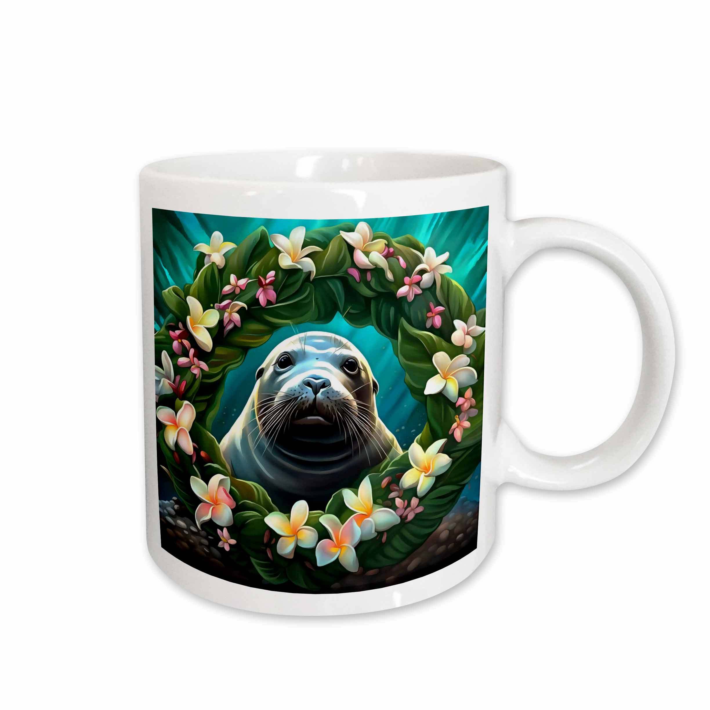 3drose, Cartoon Art of Hawaiian Monk Seal with Plumeria, 15oz Mug ...