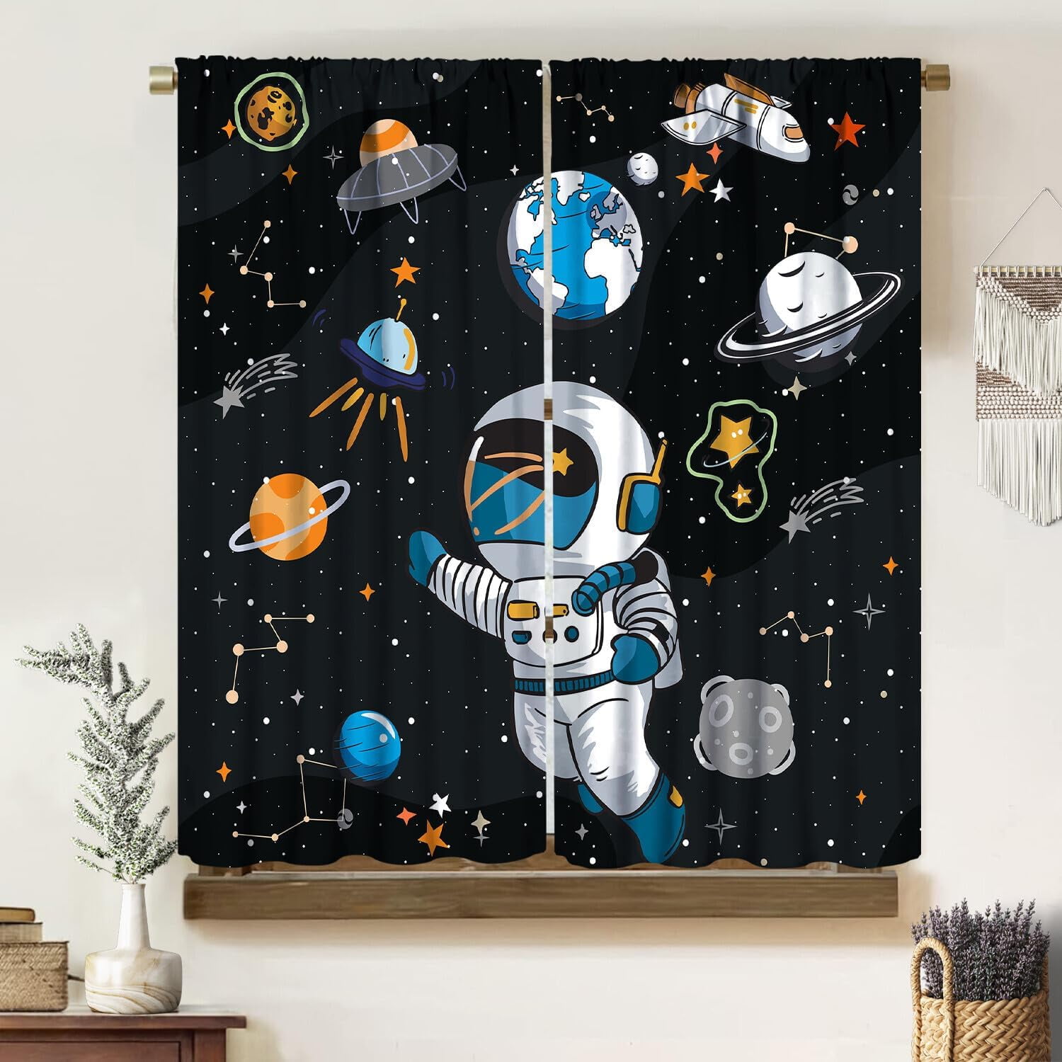 Cartoon Astronaut Blackout Curtains, Fun Cute Hand Painted Astronaut ...