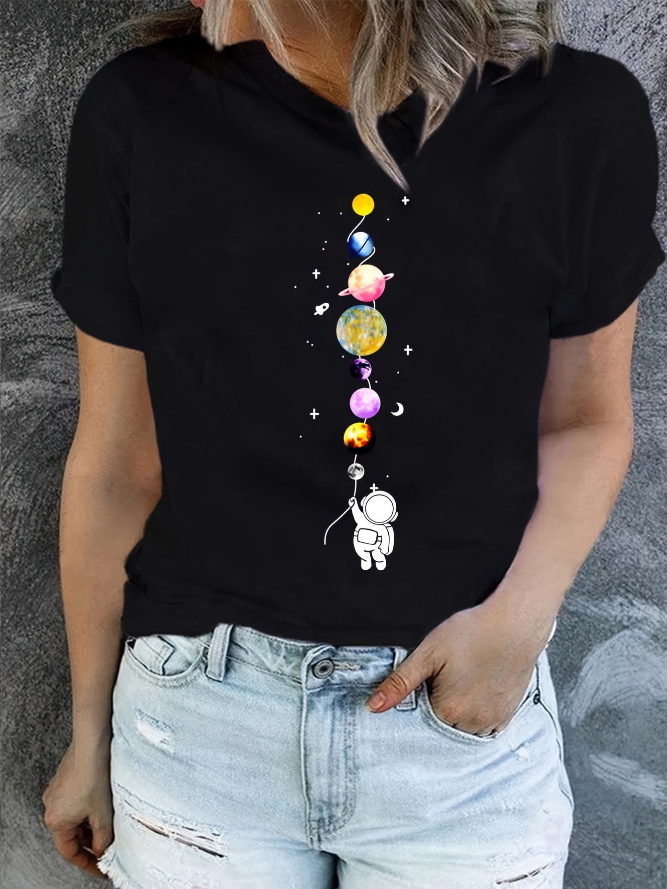 Cartoon Astronaut & Planet Print T-shirt, Short Sleeve Crew Neck Casual ...