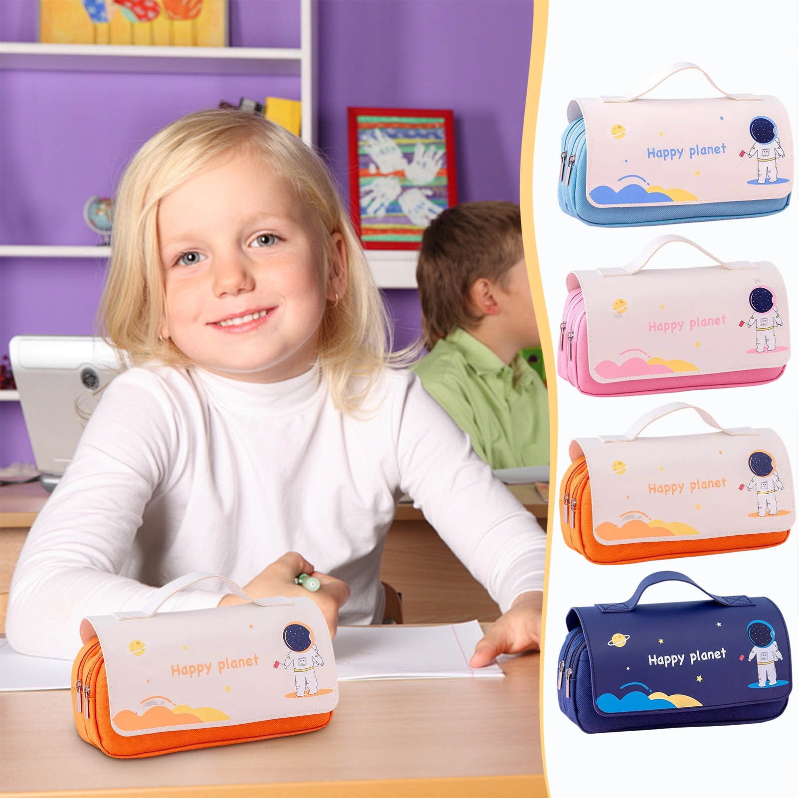 Cartoon Astronaut Print Pencil Case - Large Capacity 3-Compartment ...