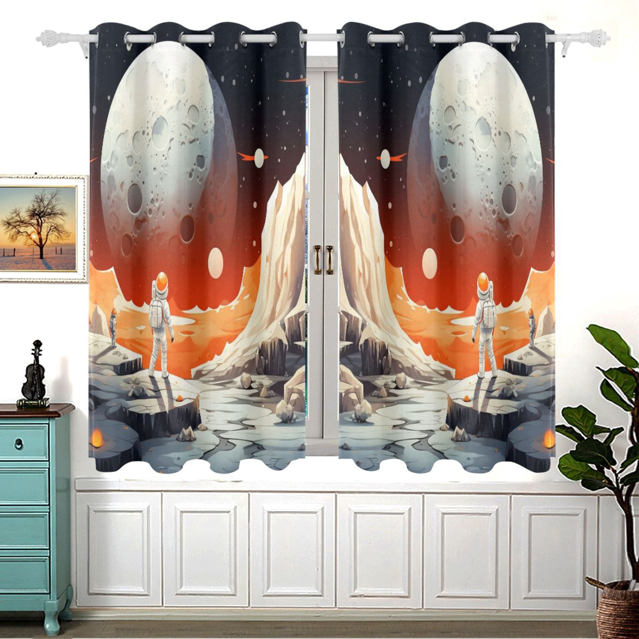 Cartoon Astronaut and Moon Blackout Curtains for Bedroom 54x55 in 2 ...