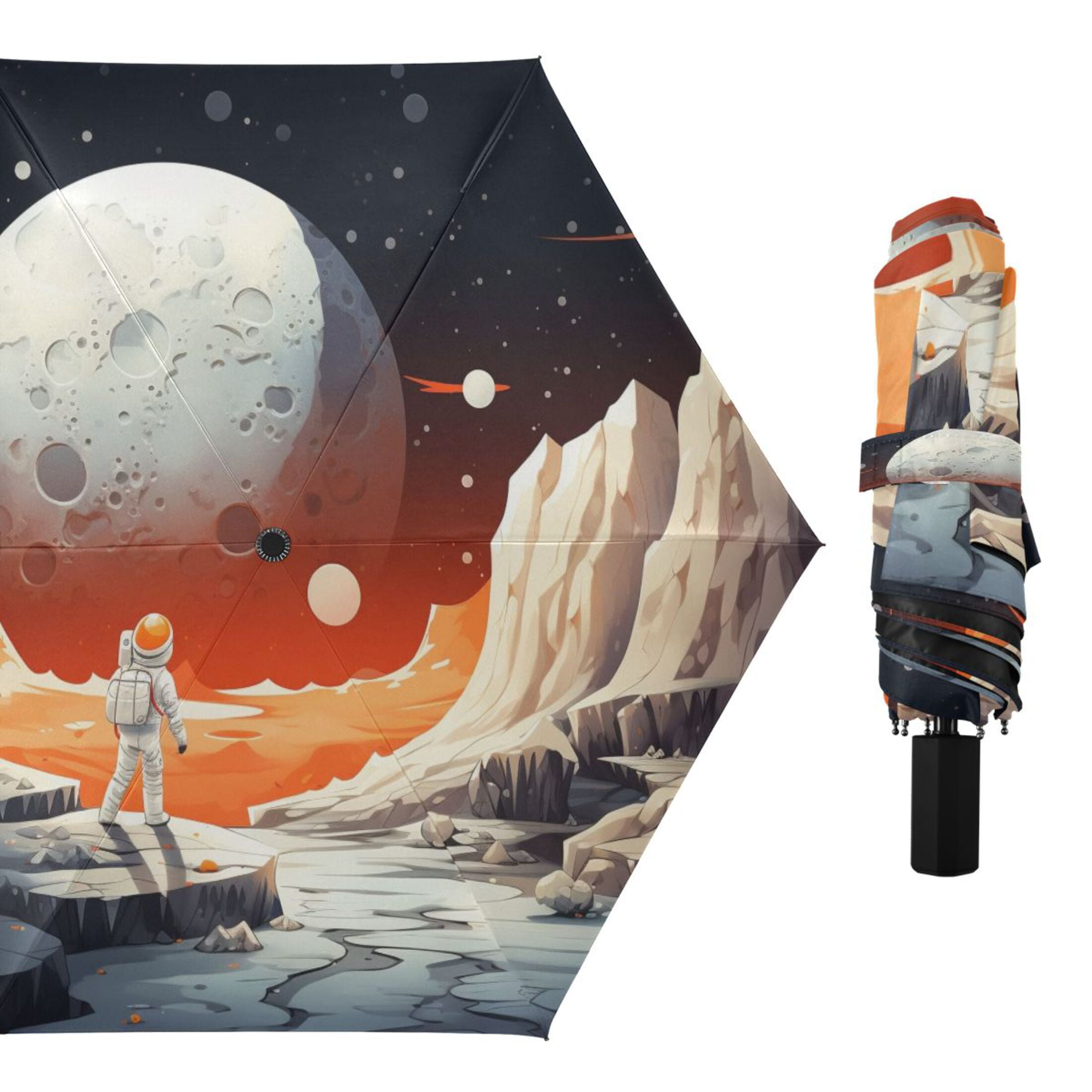 Cartoon Astronaut and Moon Compact Sun Umbrella Windproof Travel ...