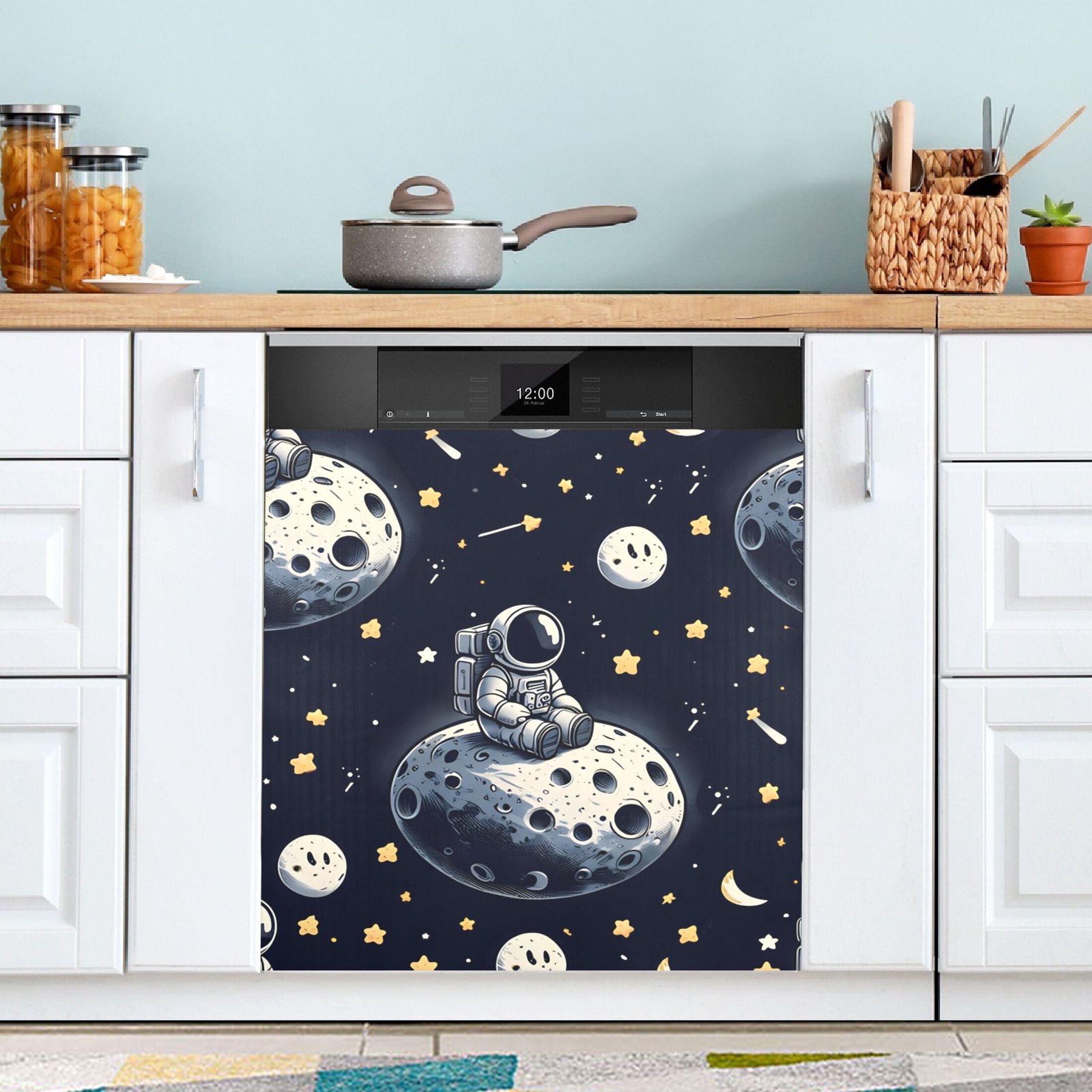 Cartoon Astronaut on Moon Dishwasher Magnet Cover Magnetic Fridge Door ...