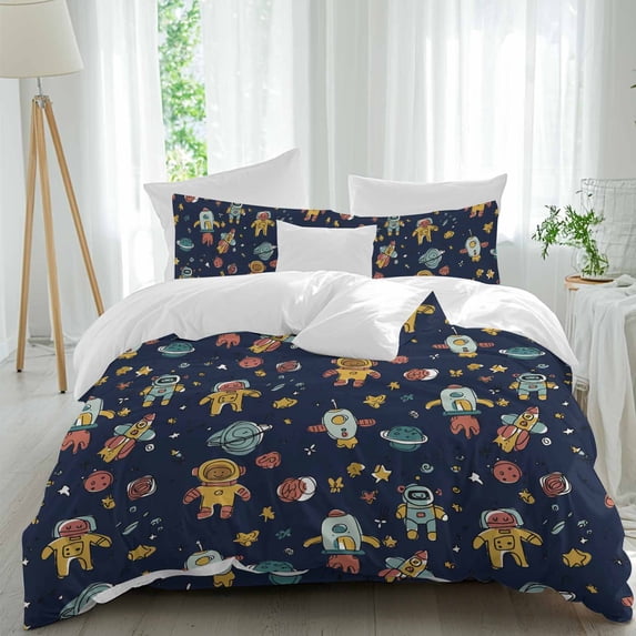 Cartoon Astronauts Duvet Cover Set Queen Size, Cute Rockets Watercolor ...