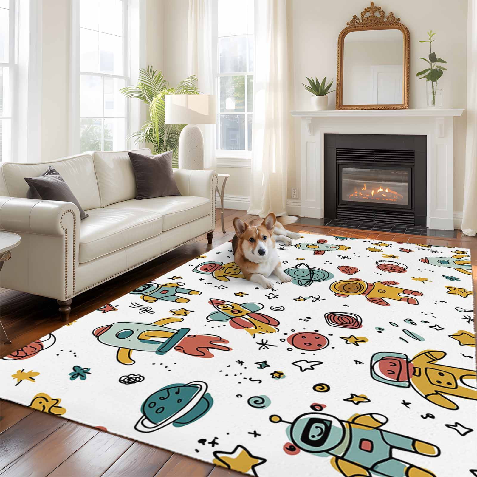 Cartoon Astronauts Large Area Rugs 5x8 ft Cute Rockets Watercolor ...