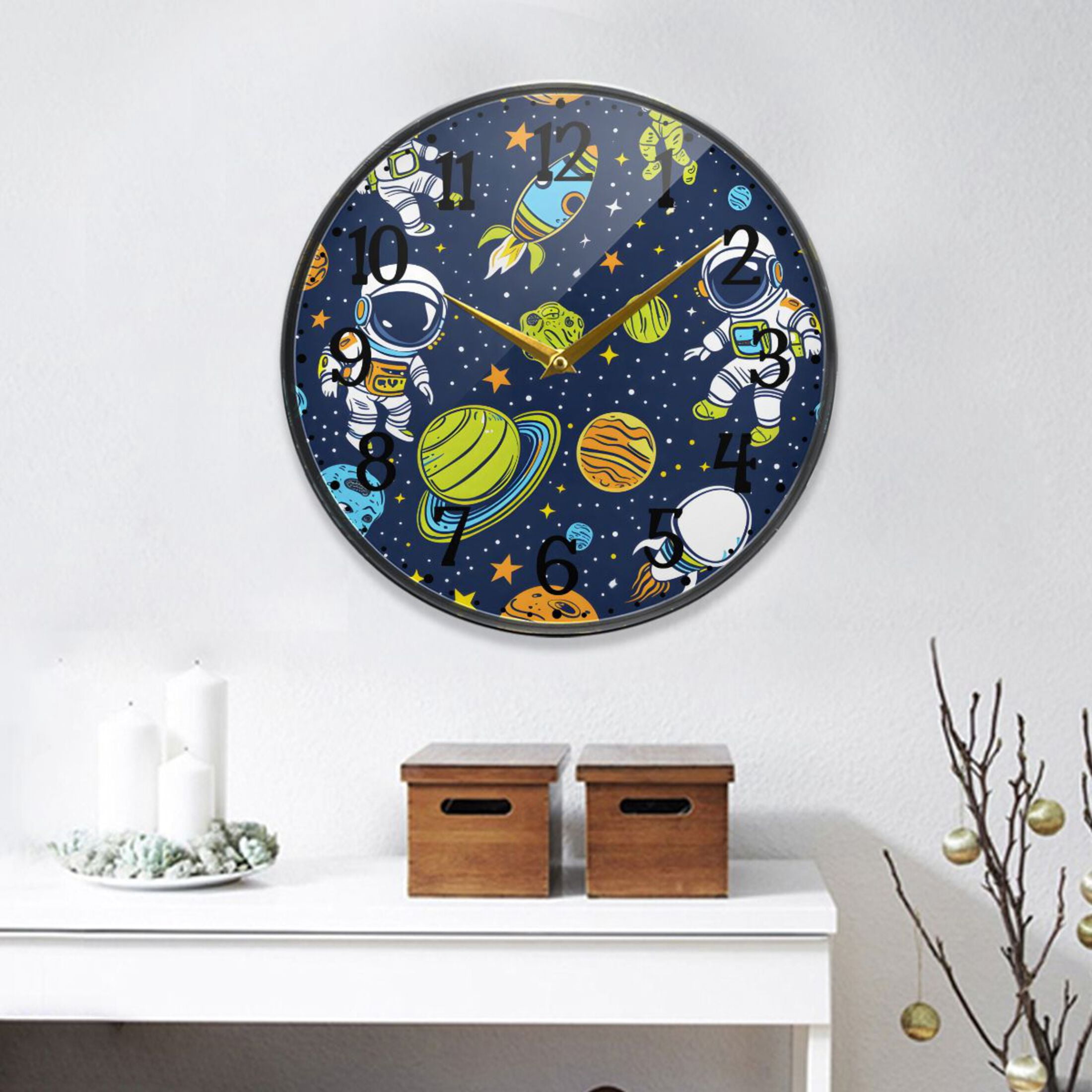 Cartoon Astronauts Planet Space Round Wall Clock 12 Inch Non-Ticking ...