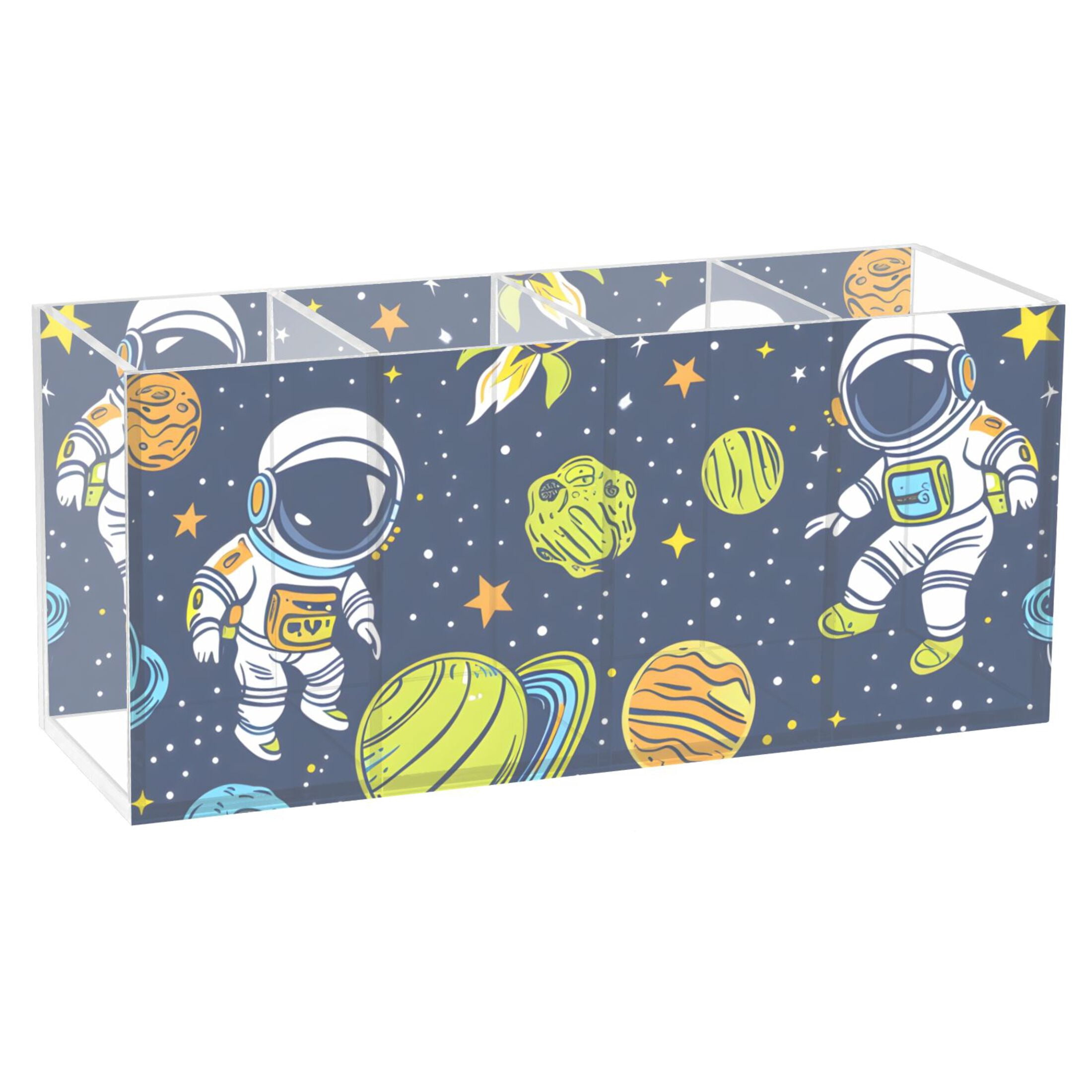 Cartoon Astronauts Space Universe Acrylic Pen Holder Cup 4 Compartments ...