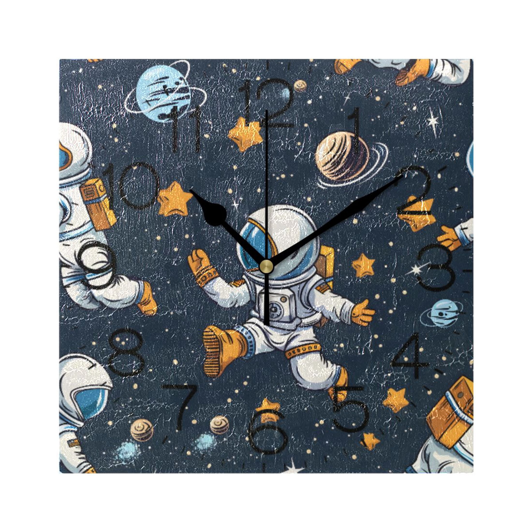 Cartoon Astronauts Star Planet Wall Clock 7.78" Non-Ticking Silent ...
