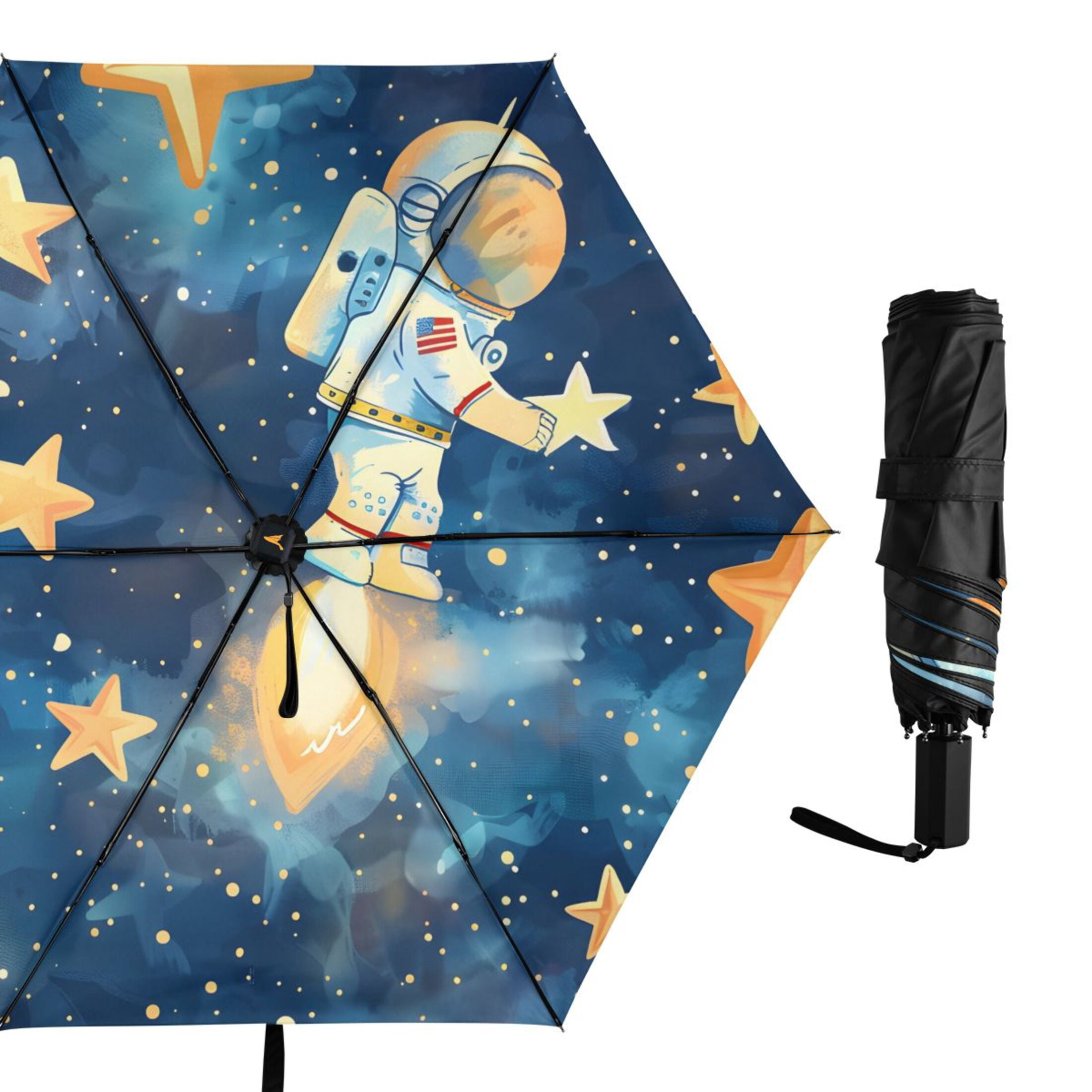 Cartoon Astronauts Starry Night Triple Folding Umbrella Parasol 6 Ribs ...
