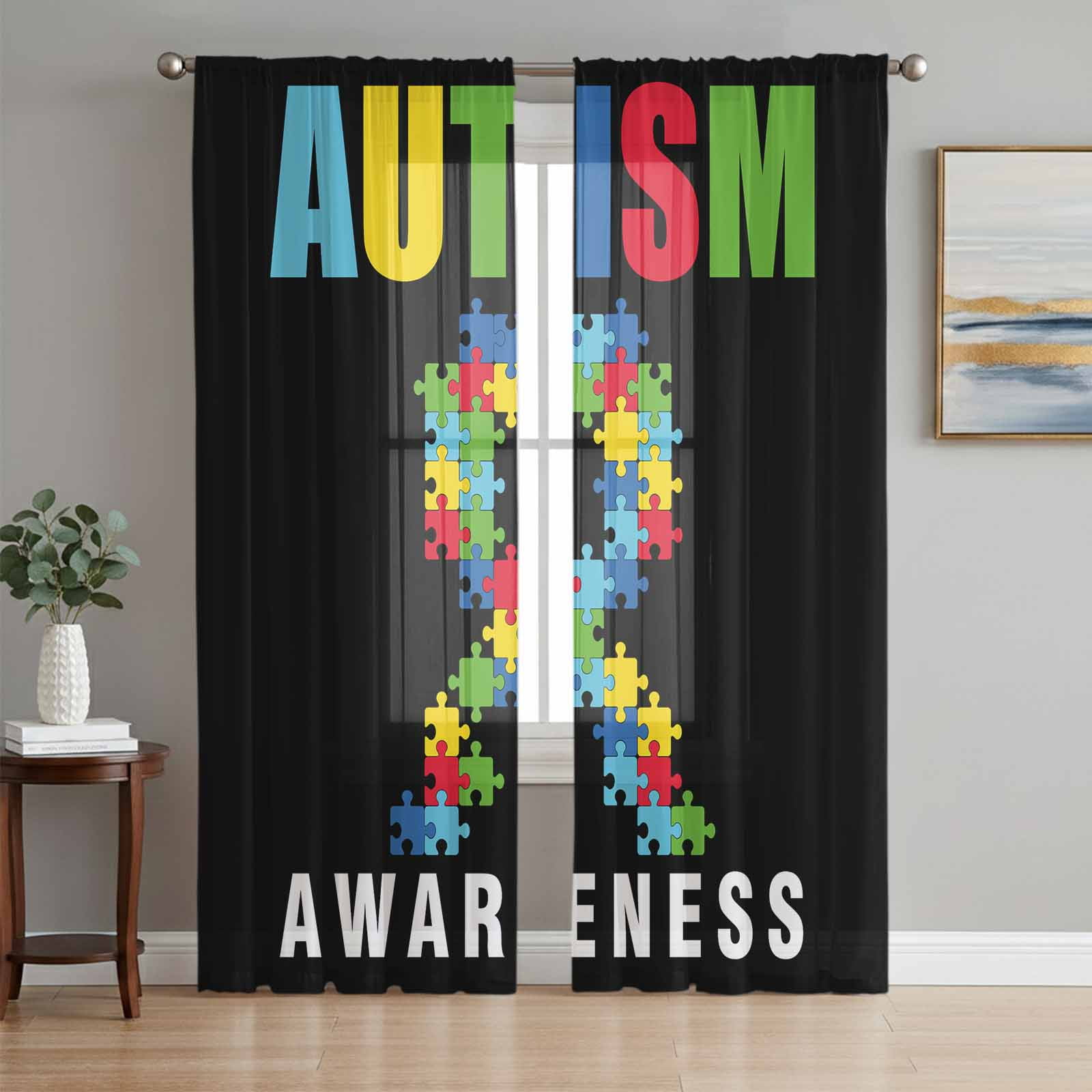 Cartoon Autism Semi Sheer Window Curtains 72 Inches Long, Abstract ...