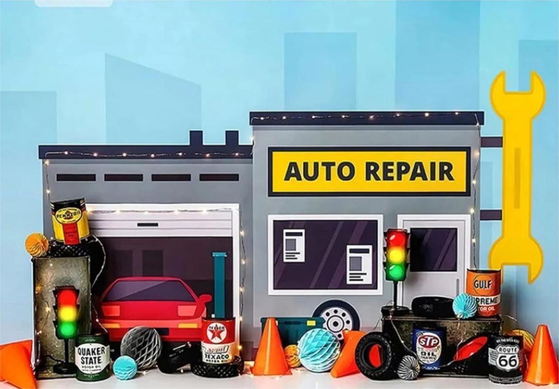 Cartoon Auto Repair Shop Backdrop Maintenance Garage Convenience Store ...